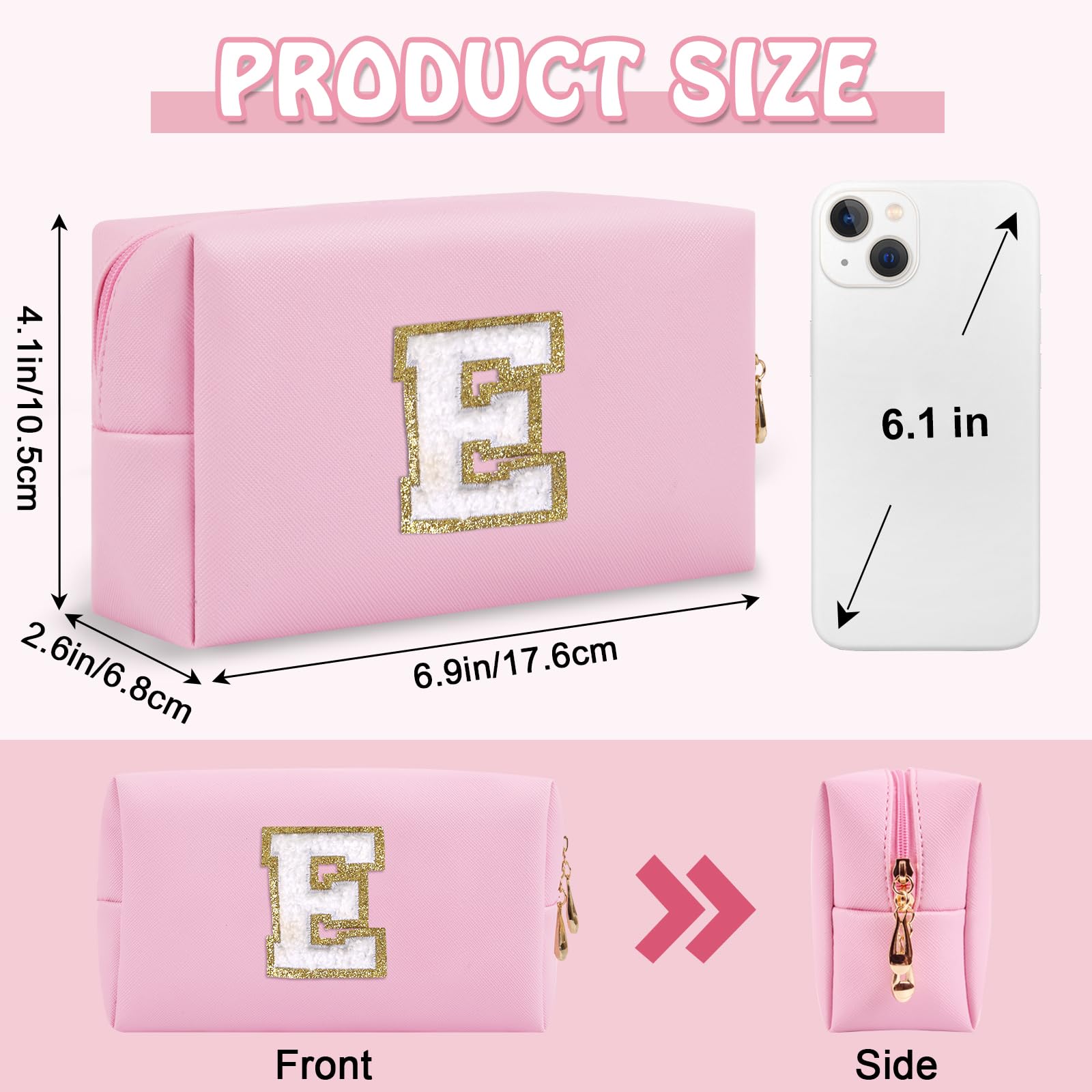 Personalized Chenille Letter Preppy Patch Makeup Bag, Small Pink Travel Cosmetic Bag Initial Toiletry Zipper Pouch Monogram Makeup Storage, Waterproof Makeup Case Travel Essentials for Women(Letter E)