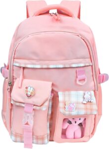 yozone girls backpack with cute pin accessories plush pendant kawaii backpack cute aesthetic backpack for teens girls women students (pink)