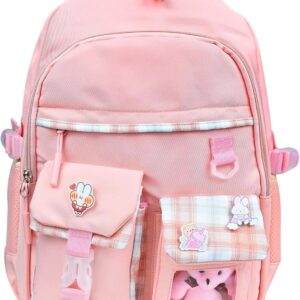 Yozone Girls Backpack with Cute Pin Accessories Plush Pendant Kawaii Backpack Cute Aesthetic Backpack for Teens Girls Women Students (Pink)