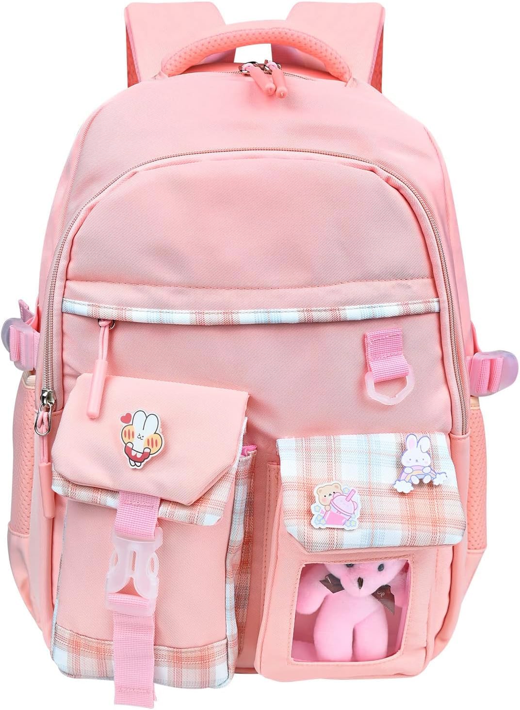 Yozone Girls Backpack with Cute Pin Accessories Plush Pendant Kawaii Backpack Cute Aesthetic Backpack for Teens Girls Women Students (Pink)