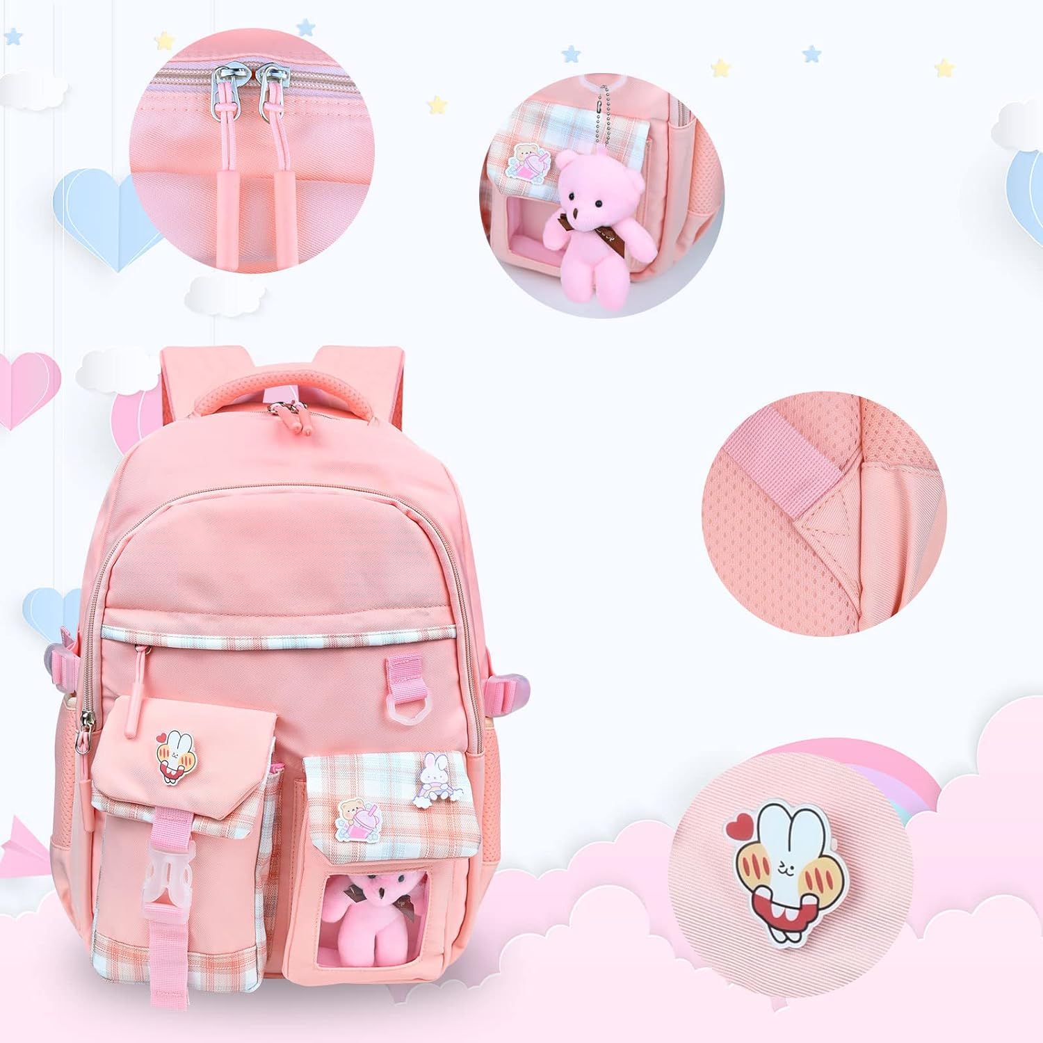 Yozone Girls Backpack with Cute Pin Accessories Plush Pendant Kawaii Backpack Cute Aesthetic Backpack for Teens Girls Women Students (Pink)