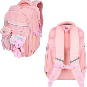 Yozone Girls Backpack with Cute Pin Accessories Plush Pendant Kawaii Backpack Cute Aesthetic Backpack for Teens Girls Women Students (Pink)