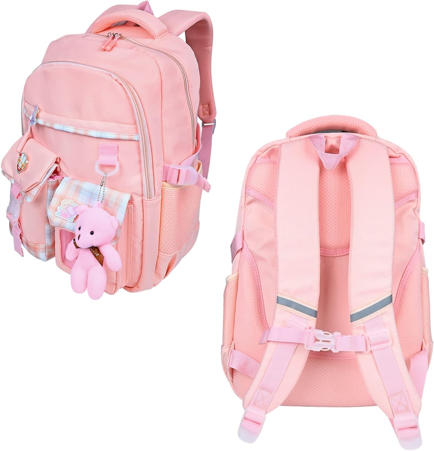 Yozone Girls Backpack with Cute Pin Accessories Plush Pendant Kawaii Backpack Cute Aesthetic Backpack for Teens Girls Women Students (Pink)