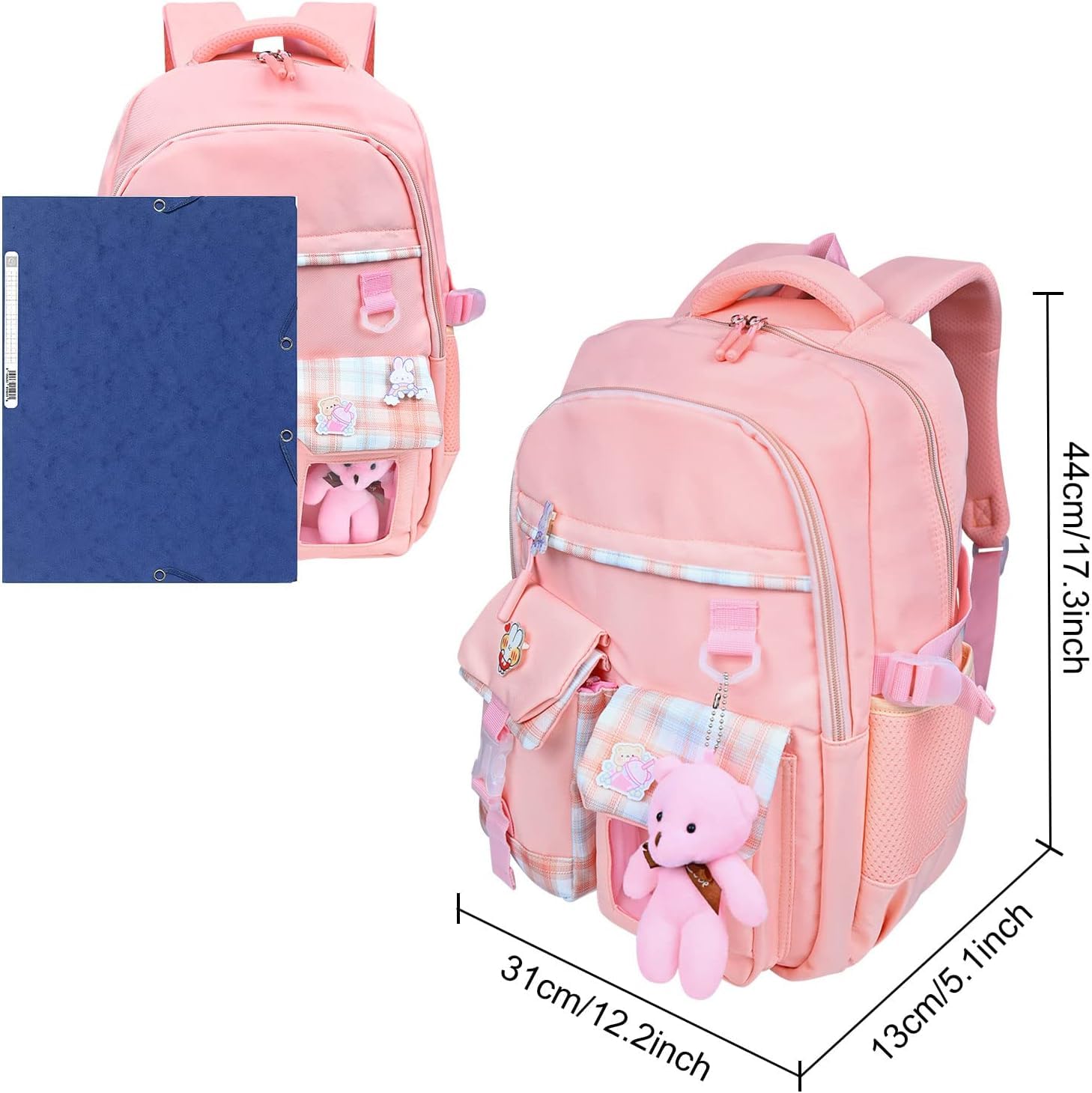 Yozone Girls Backpack with Cute Pin Accessories Plush Pendant Kawaii Backpack Cute Aesthetic Backpack for Teens Girls Women Students (Pink)