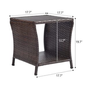 Outdoor Patio Side Table Small Brown Wicker Rattan End Table for Outside Storage Coffee Table with Poly Lumber Table Top for Garden Lawn Pool Porch Deck