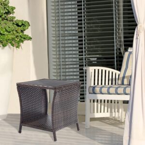 Outdoor Patio Side Table Small Brown Wicker Rattan End Table for Outside Storage Coffee Table with Poly Lumber Table Top for Garden Lawn Pool Porch Deck