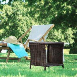 Outdoor Patio Side Table Small Brown Wicker Rattan End Table for Outside Storage Coffee Table with Poly Lumber Table Top for Garden Lawn Pool Porch Deck