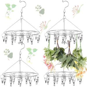 4 pcs hanging drying rack for herb macrame flower drying rack with stainless clip herb dryer hooks for drying herb air plants spices flowers hydroponic plants ready to use with ceiling hook (round)