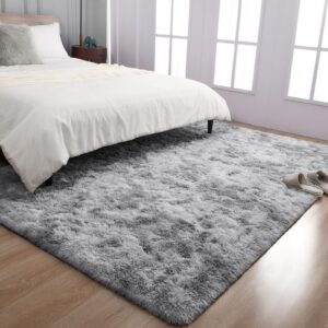 TWINNIS 8x10 Large Shag Area Rugs for Living Room Bedroom, Tie-Dye Light Grey Indoor Super Soft Fuzzy Plush Rugs, Upgrade Anti-Skid Modern Rugs Fluffy Carpets for Kids Room Nursery Home Decor