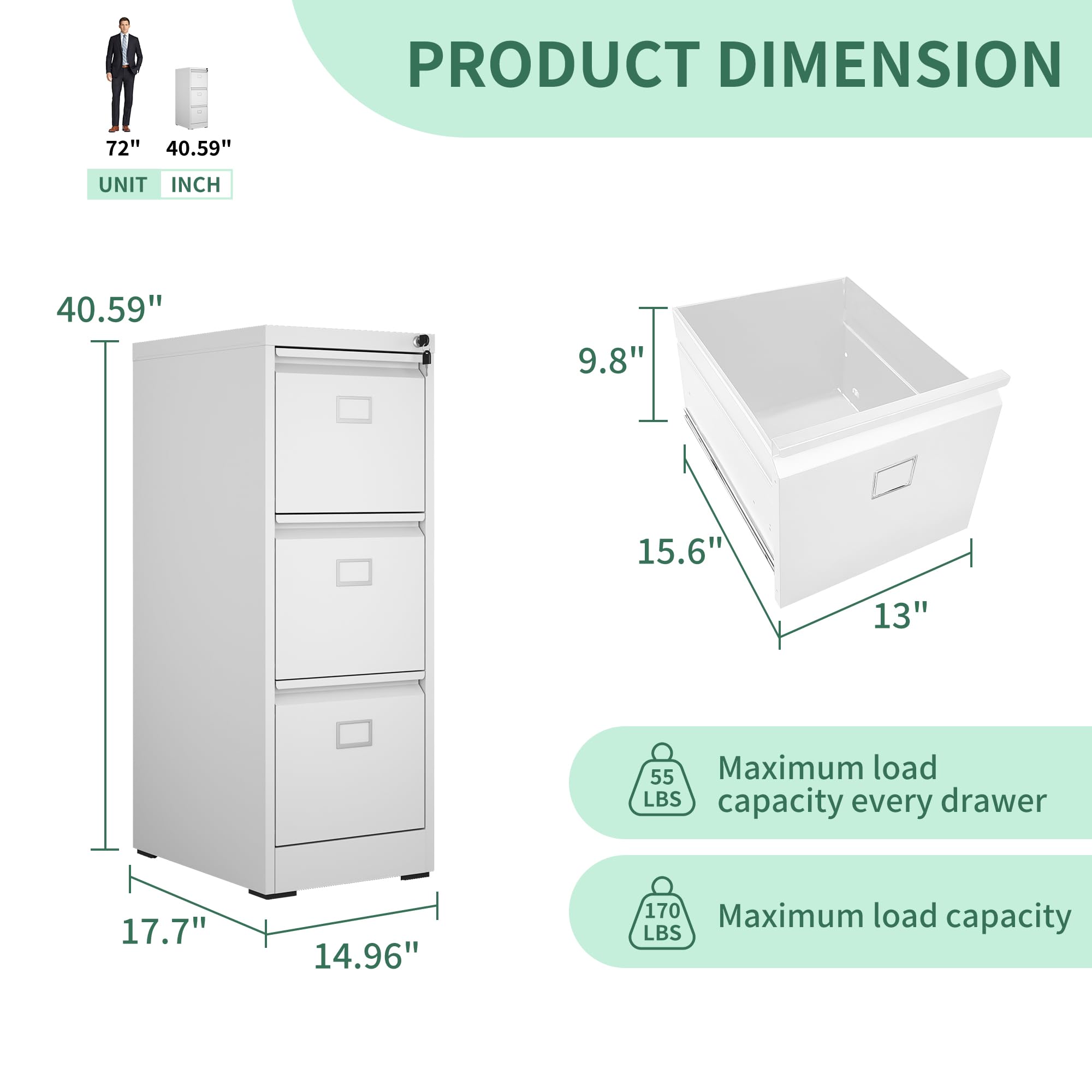 VIYET 3 Drawer File Cabinet, Metal Vertical File Cabinets with Lock for Home Office, Office Steel Filing Cabinet for Hanging Files for A4/ Legal/Letter,Assembly Required (White)