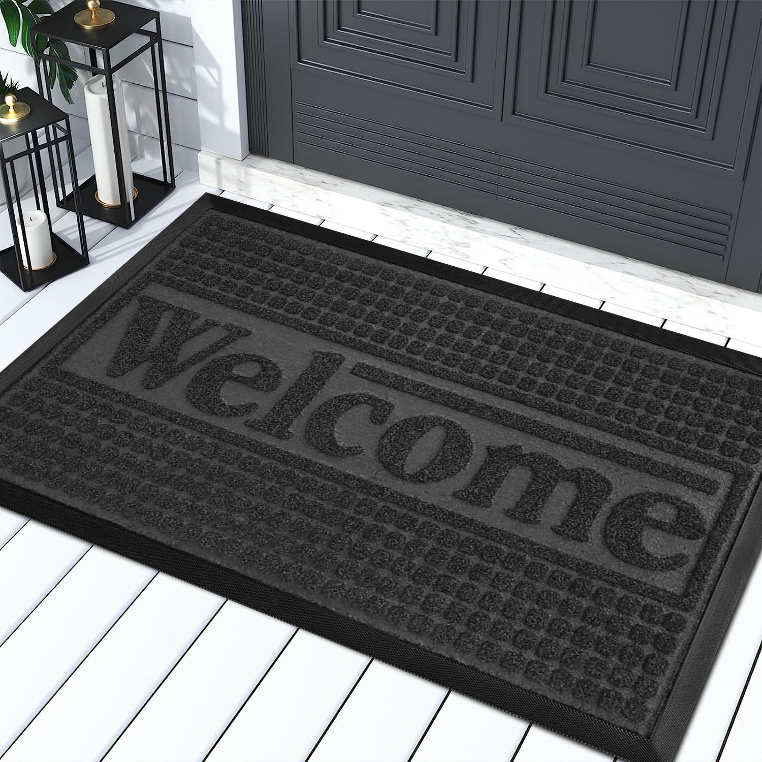 Heavy Duty Welcome Mat for Front Door Outside Waterproof 30x18 Door Mats Outdoor Entrance Patio, Entry Home Dirt Trapper Floor Matts, Cute Entryway Rugs All Weather, Exterior Rubber Black Doormats