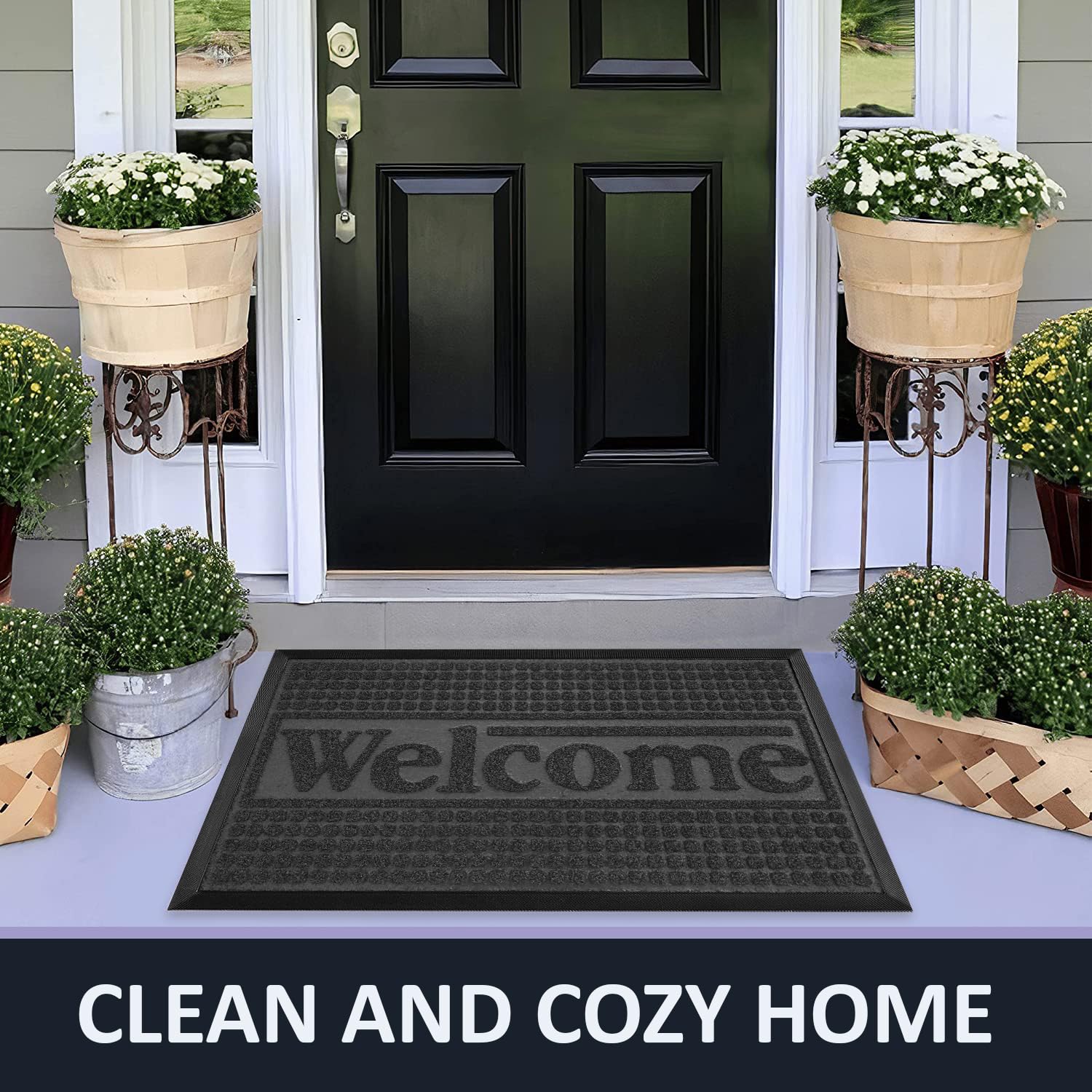 Heavy Duty Welcome Mat for Front Door Outside Waterproof 30x18 Door Mats Outdoor Entrance Patio, Entry Home Dirt Trapper Floor Matts, Cute Entryway Rugs All Weather, Exterior Rubber Black Doormats