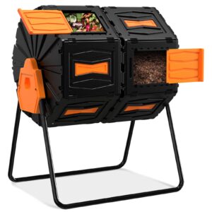 compost tumbler, easy assemble & efficient outdoor compost bin, 45 gallon/170 liter large dual chamber rotating composter for garden, kitchen, and yard waste, orange door