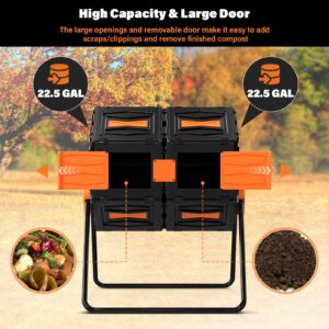 Compost Tumbler, Easy Assemble & Efficient Outdoor Compost Bin, 45 Gallon/170 Liter Large Dual Chamber Rotating Composter for Garden, Kitchen, and Yard Waste, Orange Door