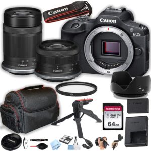 canon eos r100 mirrorless camera with 18-45mm lens + 55-210mm lens + 64gb memory card, case, hood, grip-pod, filter professional photo bundle (renewed)