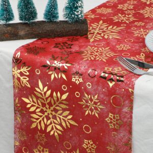 qidordour christmas table runner, 11 inch x 196 inch long table runners, gold snowflake on red non-woven cloth roll, tabletop decoration for xmas boho farmhouse home kitchen dining thanksgiving decor