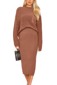 prettygarden womens 2024 fall two piece outfits ribbed knit long sleeve pullover sweater and bodycon midi skirt sets (brown,large)