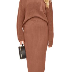 PRETTYGARDEN Womens 2024 Fall Two Piece Outfits Ribbed Knit Long Sleeve Pullover Sweater And Bodycon Midi Skirt Sets (Brown,Large)