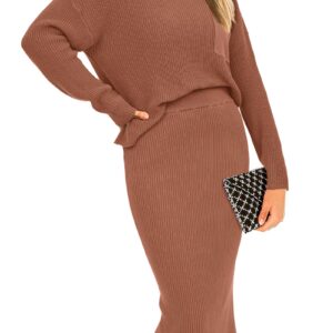 PRETTYGARDEN Womens 2024 Fall Two Piece Outfits Ribbed Knit Long Sleeve Pullover Sweater And Bodycon Midi Skirt Sets (Brown,Large)