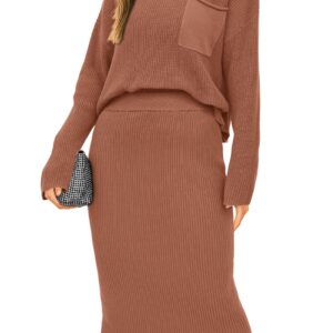 PRETTYGARDEN Womens 2024 Fall Two Piece Outfits Ribbed Knit Long Sleeve Pullover Sweater And Bodycon Midi Skirt Sets (Brown,Large)