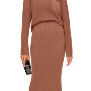 PRETTYGARDEN Womens 2024 Fall Two Piece Outfits Ribbed Knit Long Sleeve Pullover Sweater And Bodycon Midi Skirt Sets (Brown,Large)