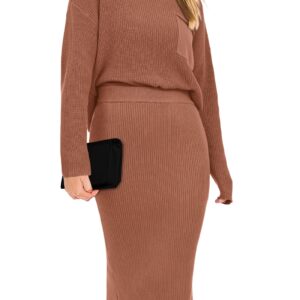 PRETTYGARDEN Womens 2024 Fall Two Piece Outfits Ribbed Knit Long Sleeve Pullover Sweater And Bodycon Midi Skirt Sets (Brown,Large)