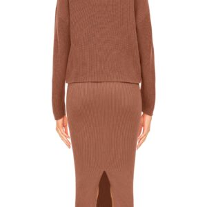 PRETTYGARDEN Womens 2024 Fall Two Piece Outfits Ribbed Knit Long Sleeve Pullover Sweater And Bodycon Midi Skirt Sets (Brown,Large)