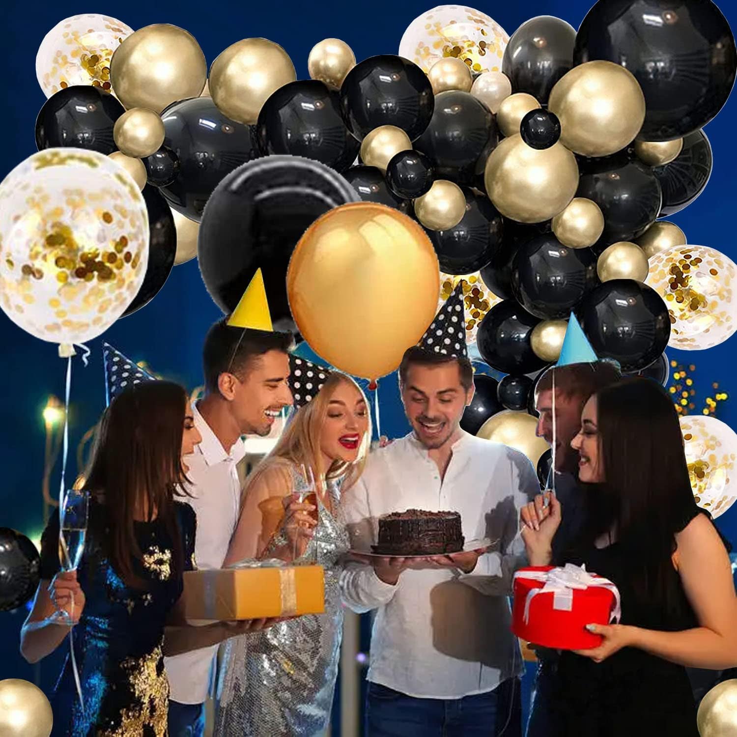 Happy Birthday Decorations,Black Gold Confetti Balloons, 52Pcs 12Inch Gold White and Black Confetti Balloons with Gold Ribbons for Birthday Party,Black Gold Party Decorations