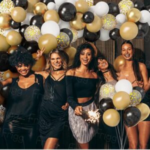 Happy Birthday Decorations,Black Gold Confetti Balloons, 52Pcs 12Inch Gold White and Black Confetti Balloons with Gold Ribbons for Birthday Party,Black Gold Party Decorations