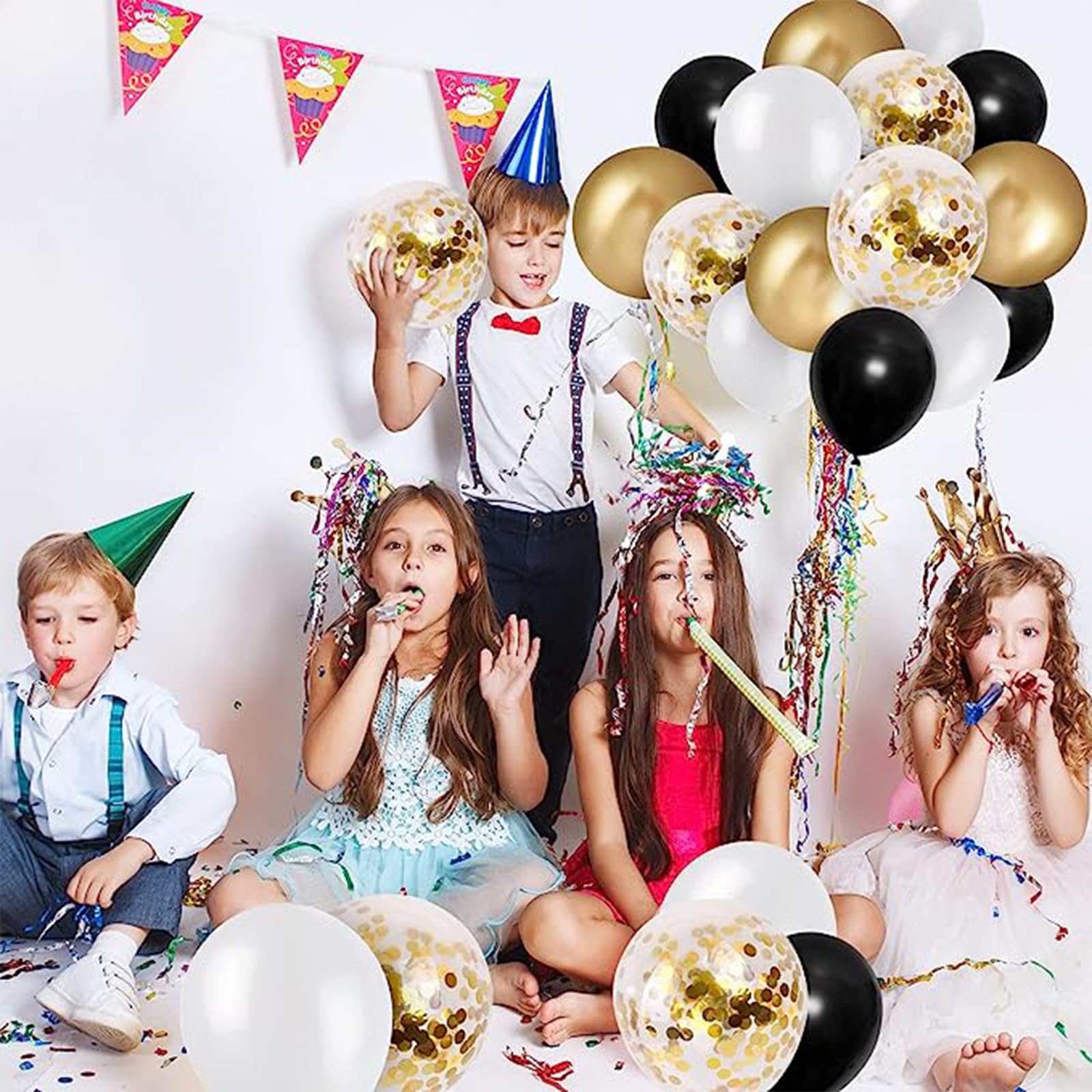 Happy Birthday Decorations,Black Gold Confetti Balloons, 52Pcs 12Inch Gold White and Black Confetti Balloons with Gold Ribbons for Birthday Party,Black Gold Party Decorations