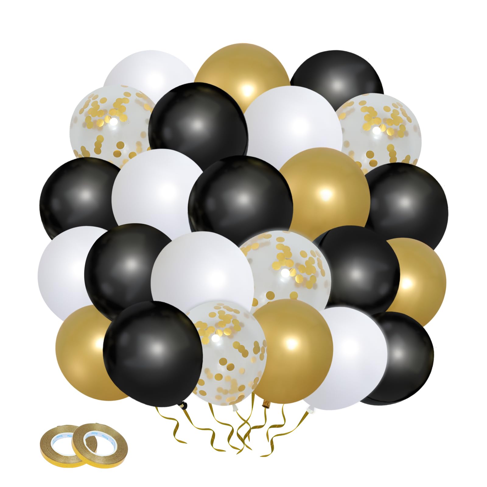 Happy Birthday Decorations,Black Gold Confetti Balloons, 52Pcs 12Inch Gold White and Black Confetti Balloons with Gold Ribbons for Birthday Party,Black Gold Party Decorations