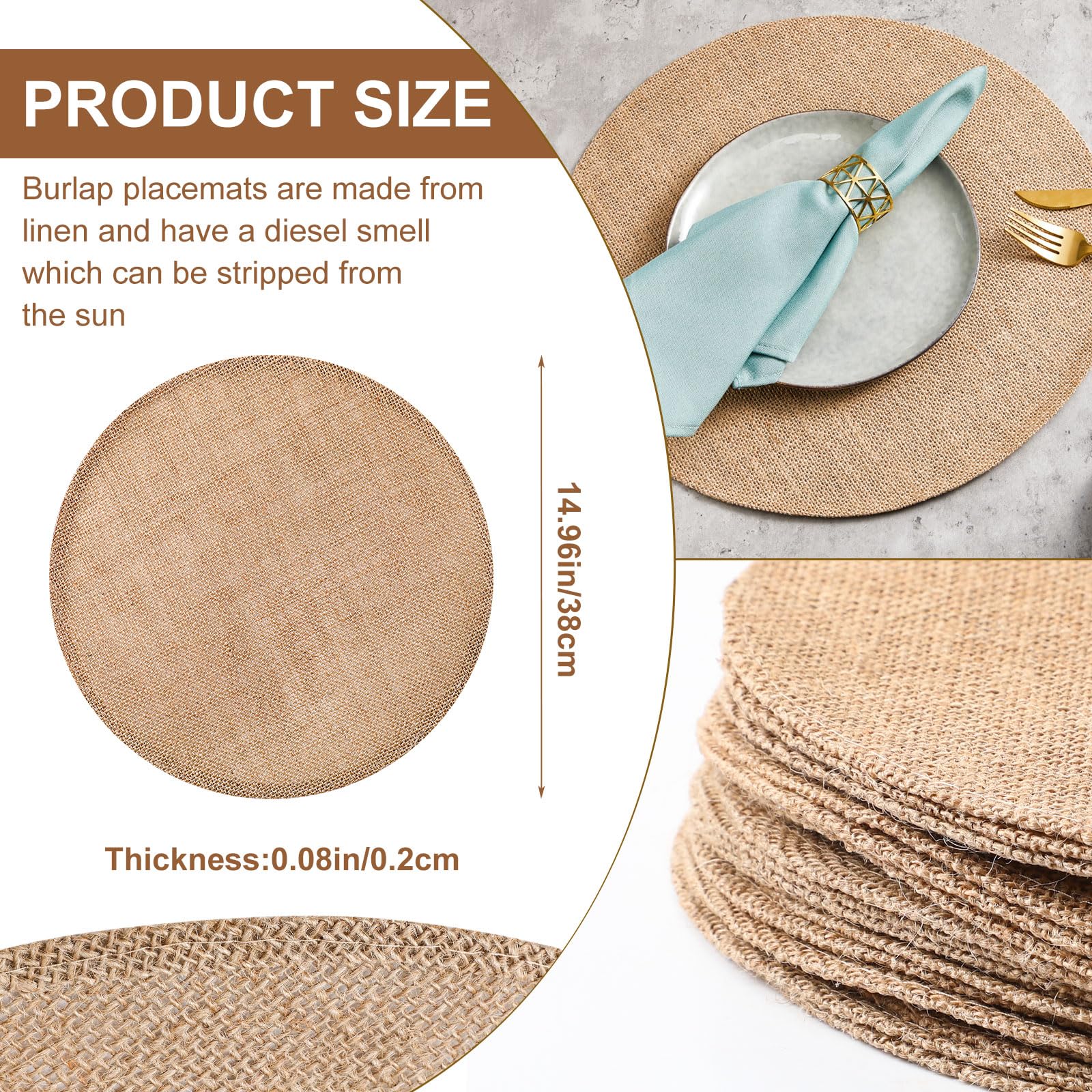 Yunlly Set of 48 Burlap Round Placemats Bulk Burlap Circle Rustic Table Decorations Jute Farmhouse Placemats Heat Resistant Round Table Mats Charger Place Mats for Wedding Dining(Brown, 15 in)