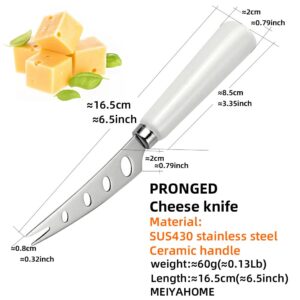 MEIYAHOME 4 Pieces PRONGED Cheese knife 6.5inch Fine smooth finish SUS430 Stainless Steel 6inch Cheese Slicer Cheese Cutter with White Ceramic Handle good hand grip