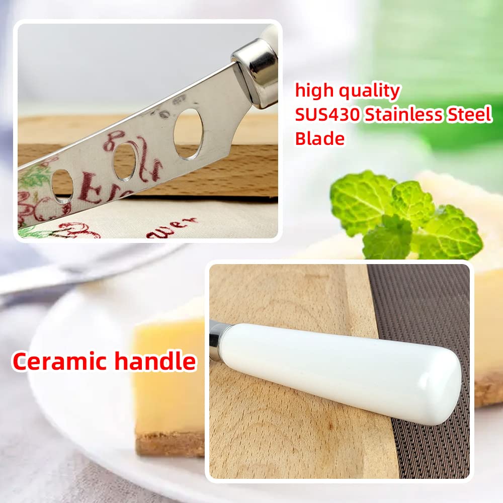 MEIYAHOME 4 Pieces PRONGED Cheese knife 6.5inch Fine smooth finish SUS430 Stainless Steel 6inch Cheese Slicer Cheese Cutter with White Ceramic Handle good hand grip