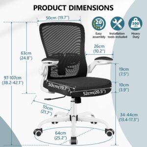 MINLOVE Office Chair Ergonomic Desk Chair with Adjustable Lumbar Support and Height, 90° Flip-up Armrests, Ergo Desk Chairs with Wheels, 360° Swivel Mesh Chair, Home Work Use (White)