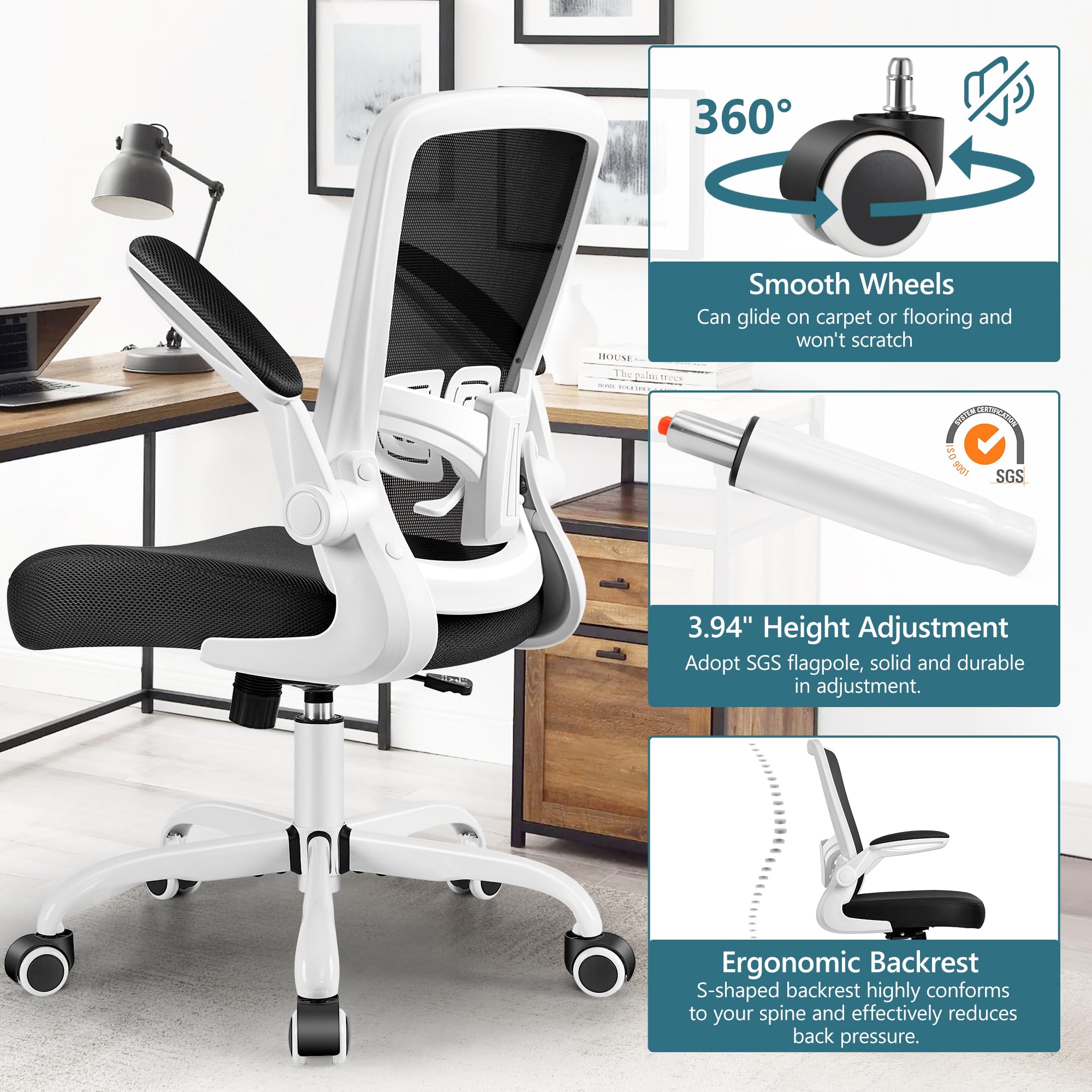 MINLOVE Office Chair Ergonomic Desk Chair with Adjustable Lumbar Support and Height, 90° Flip-up Armrests, Ergo Desk Chairs with Wheels, 360° Swivel Mesh Chair, Home Work Use (White)