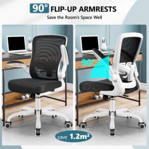 MINLOVE Office Chair Ergonomic Desk Chair with Adjustable Lumbar Support and Height, 90° Flip-up Armrests, Ergo Desk Chairs with Wheels, 360° Swivel Mesh Chair, Home Work Use (White)