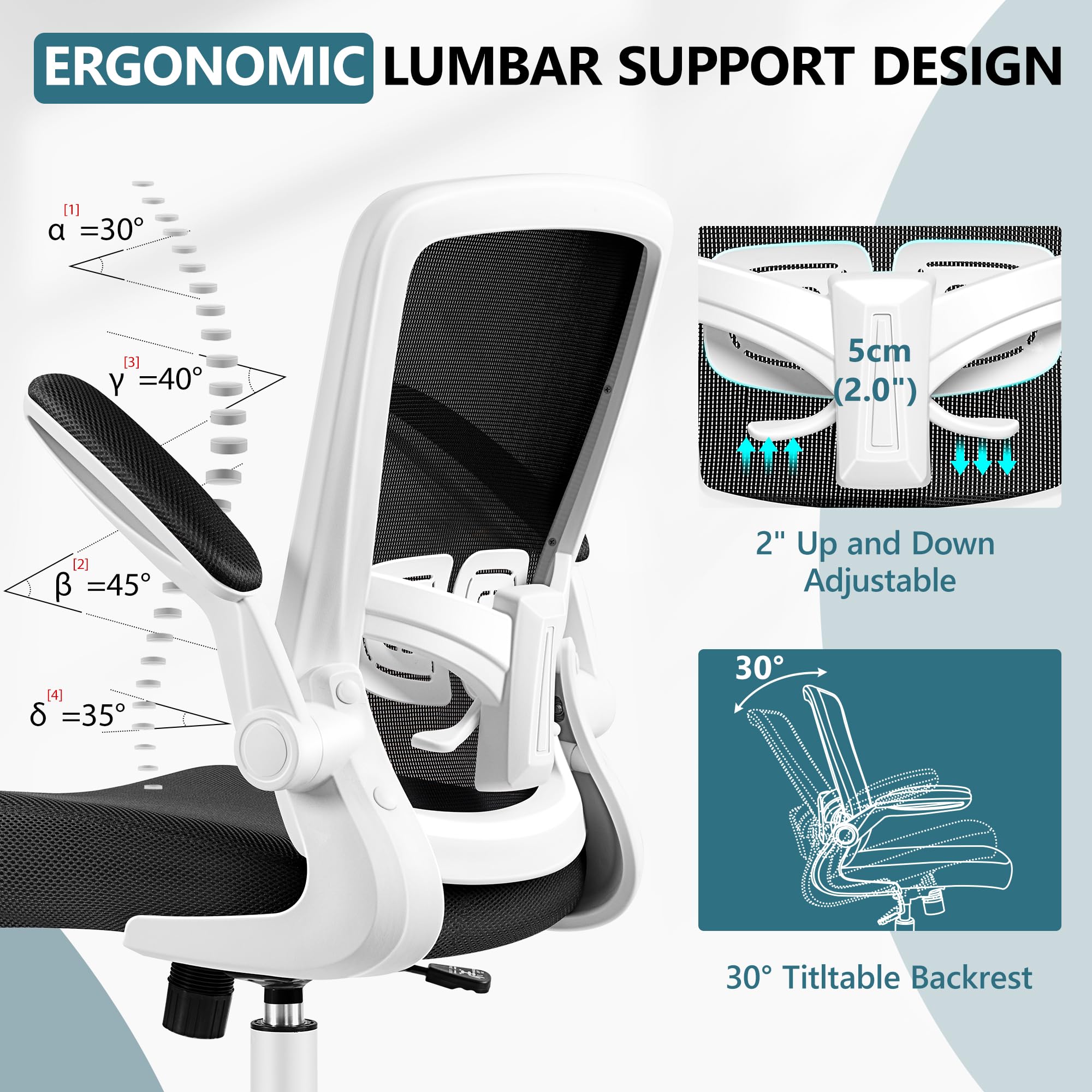 MINLOVE Office Chair Ergonomic Desk Chair with Adjustable Lumbar Support and Height, 90° Flip-up Armrests, Ergo Desk Chairs with Wheels, 360° Swivel Mesh Chair, Home Work Use (White)