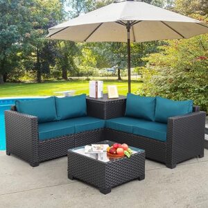 waroom outdoor pe wicker patio furniture set 4 piece black rattan sectional sofa loveseat couch conversation set with storage box glass top table and anti-slip peacock blue cushion