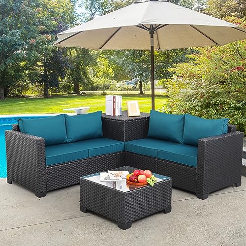 WAROOM Outdoor PE Wicker Patio Furniture Set 4 Piece Black Rattan Sectional Sofa Loveseat Couch Conversation Set with Storage Box Glass Top Table and Anti-Slip Peacock Blue Cushion