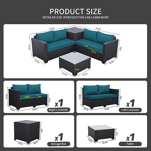 WAROOM Outdoor PE Wicker Patio Furniture Set 4 Piece Black Rattan Sectional Sofa Loveseat Couch Conversation Set with Storage Box Glass Top Table and Anti-Slip Peacock Blue Cushion