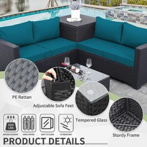 WAROOM Outdoor PE Wicker Patio Furniture Set 4 Piece Black Rattan Sectional Sofa Loveseat Couch Conversation Set with Storage Box Glass Top Table and Anti-Slip Peacock Blue Cushion