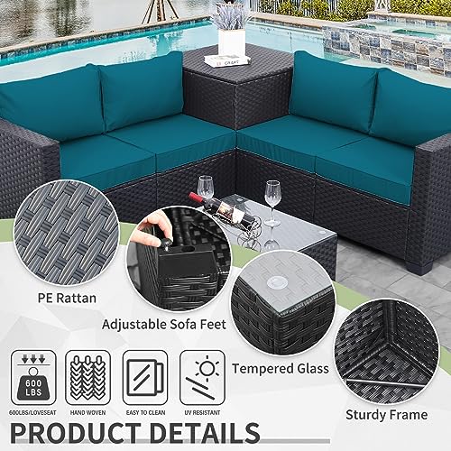 WAROOM Outdoor PE Wicker Patio Furniture Set 4 Piece Black Rattan Sectional Sofa Loveseat Couch Conversation Set with Storage Box Glass Top Table and Anti-Slip Peacock Blue Cushion