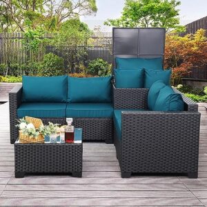 WAROOM Outdoor PE Wicker Patio Furniture Set 4 Piece Black Rattan Sectional Sofa Loveseat Couch Conversation Set with Storage Box Glass Top Table and Anti-Slip Peacock Blue Cushion