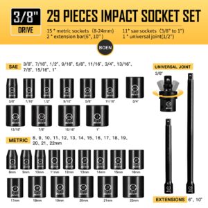 BOEN 1/2" & 3/8"Drive Deep & Shallow Impact Socket Set, 64 Piece Socket Set SAE 3/8" to 1-1/4" | Metric 8 to 24mm, Includes Extension Bars, Universal Joint and Adapter, 6 Point, Cr-V Steel, Double Loc