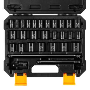 BOEN 1/2" & 3/8"Drive Deep & Shallow Impact Socket Set, 64 Piece Socket Set SAE 3/8" to 1-1/4" | Metric 8 to 24mm, Includes Extension Bars, Universal Joint and Adapter, 6 Point, Cr-V Steel, Double Loc