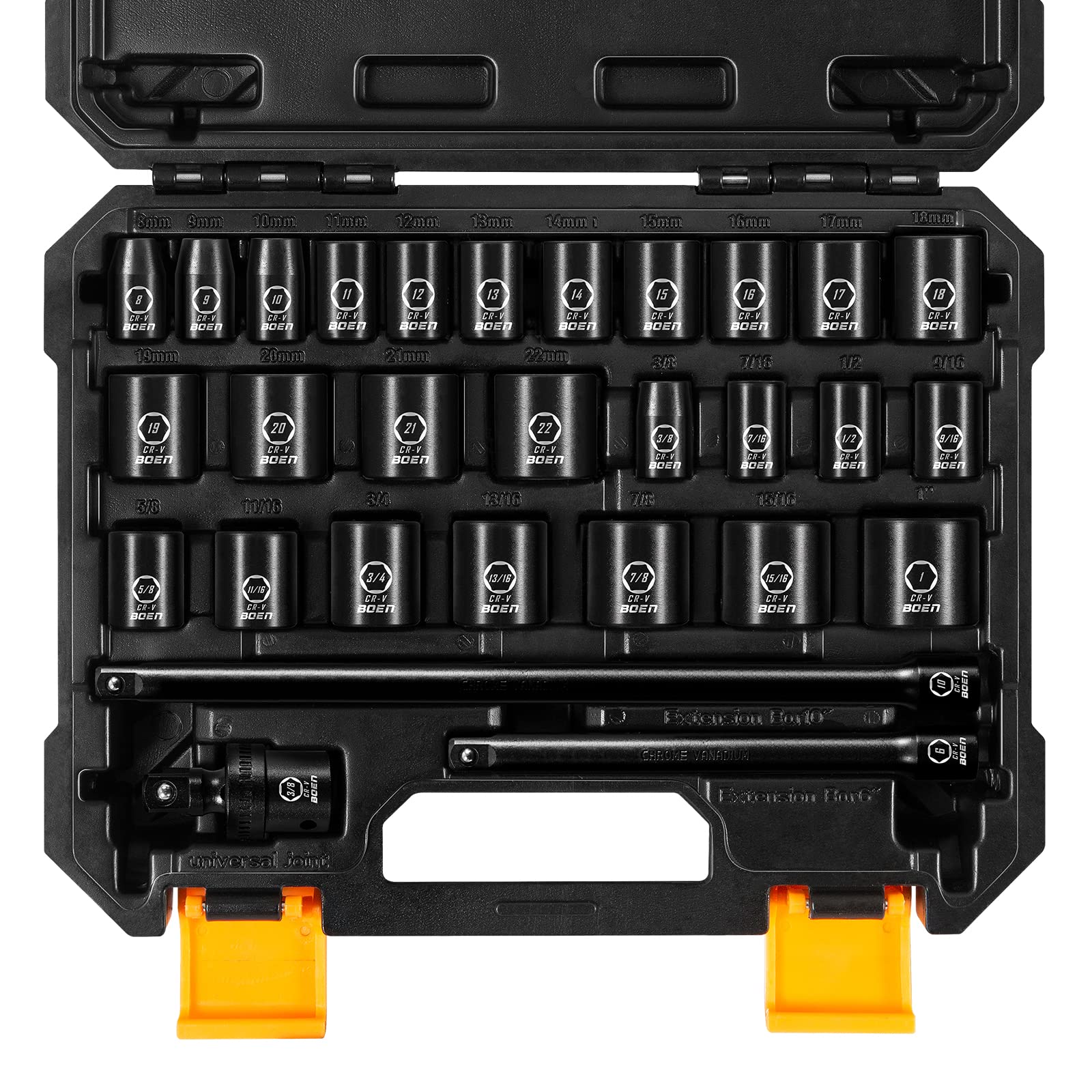 BOEN 1/2" & 3/8"Drive Deep & Shallow Impact Socket Set, 64 Piece Socket Set SAE 3/8" to 1-1/4" | Metric 8 to 24mm, Includes Extension Bars, Universal Joint and Adapter, 6 Point, Cr-V Steel, Double Loc