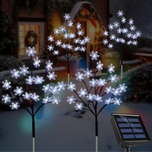 newest 4-pack 80leds solar christmas snowflake stake lights, 8 modes solar snowflake outdoor christmas decorations lights, waterproof solar christmas outdoor lights for garden yard pathway walkway