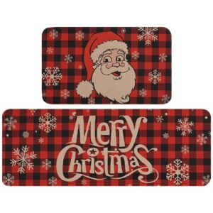 yinhua christmas kitchen rugs and mats, non skid red and black plaid washable kitchen mats for floor, santa claus absorbent kitchen mats for kitchen floor xmas decor gift 17x30 and 17x47 inch