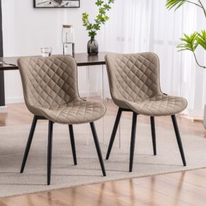 youtaste khaki dining chairs set of 2 mid century modern pu leather diamond upholstered accent guest dinner chair with back metal legs for kitchen living reception waiting room